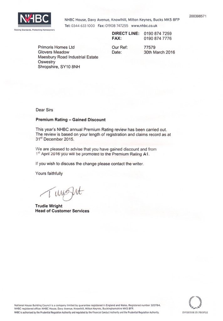NHBC A1 Premium Rating - Primoris Homes Ltd